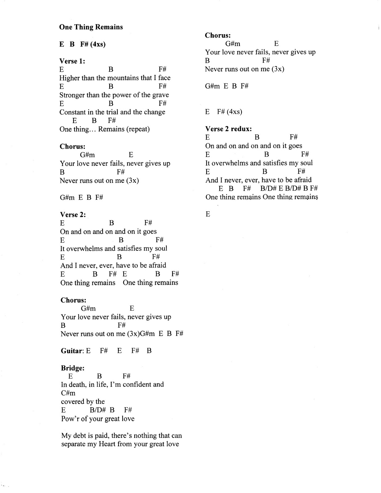 Worship Lead Sheets: One thing remains - Jesus Culture