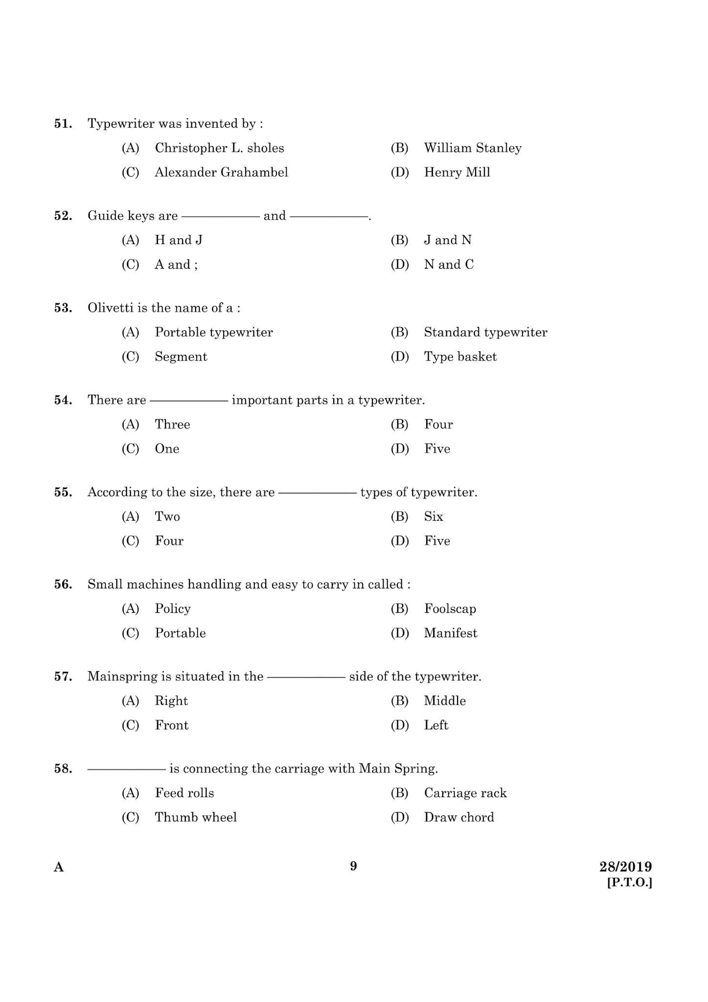 LD Typist 2019 : Question Paper & Kerala PSC Official Final Answer Key
