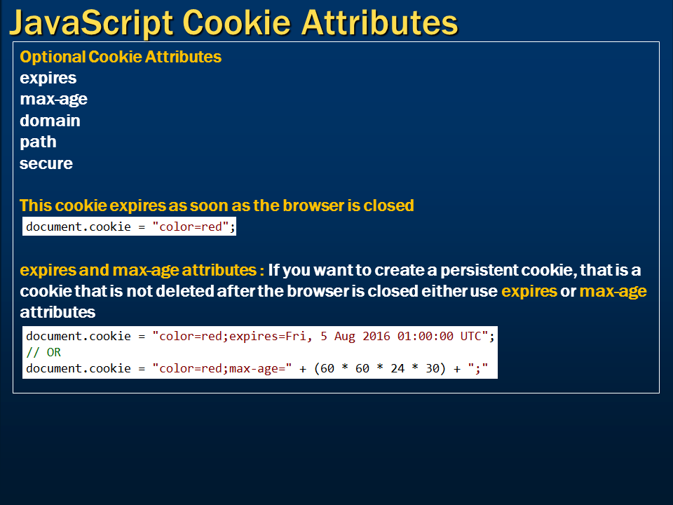 Sql server, .net and c# video tutorial: JavaScript cookie attributes Sql server, .net and c# video tutorial: JavaScript cookie attributes