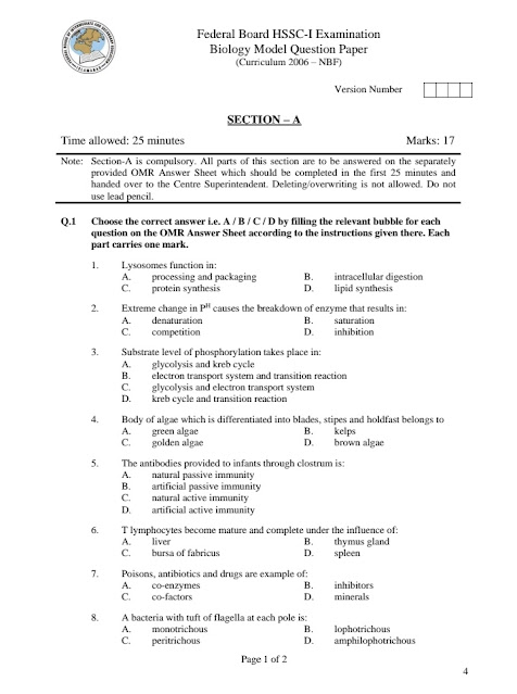 FBISE CLASS 11 BIOLOGY MODEL PAPER, PATTERN AND SCHEME OF STUDIES ...