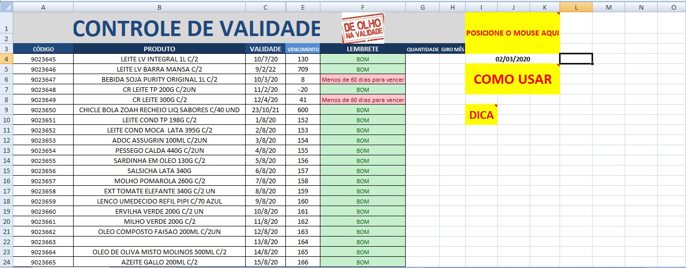 Planilha controle de validade ~ Mercado Livre Vassouras