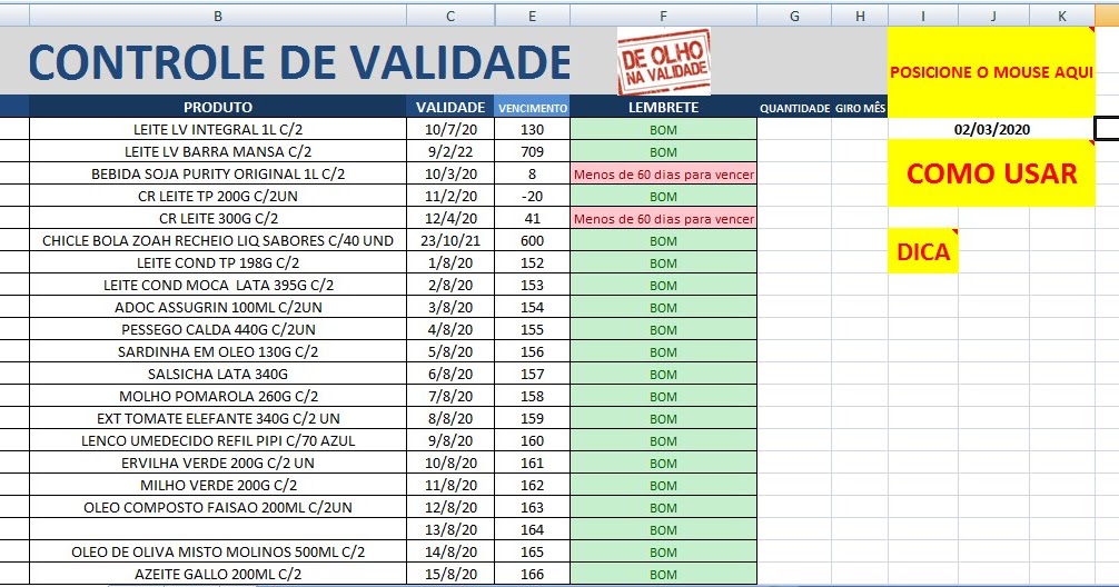 Planilha controle de validade ~ Mercado Livre Vassouras