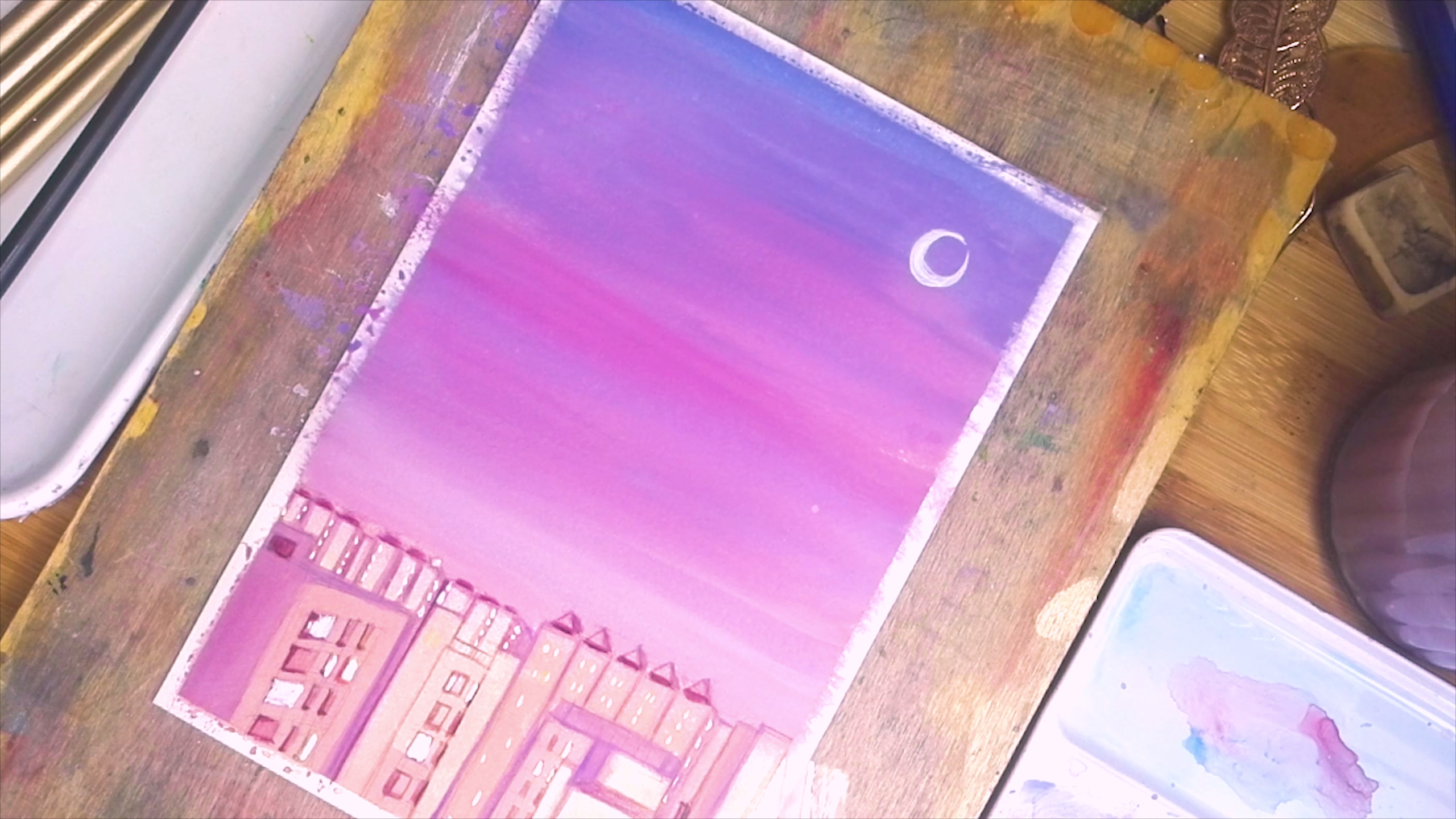 How to draw a pink style sunset with watercolor tutorial step by step ...