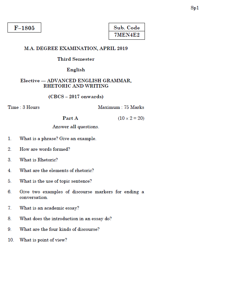Alagappa University Ma English Advanced English Grammar Rhetoric And Writing April 2019