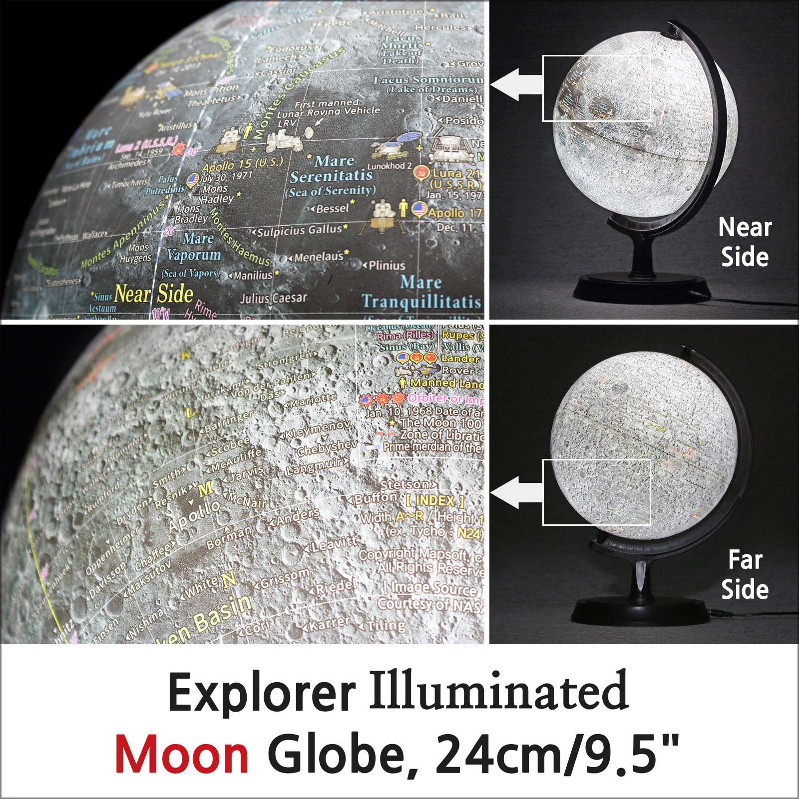 Mapsoft Explorer Illuminated Moon Globe, Lunar Globe, 24cm/9.5", MI-24 ...
