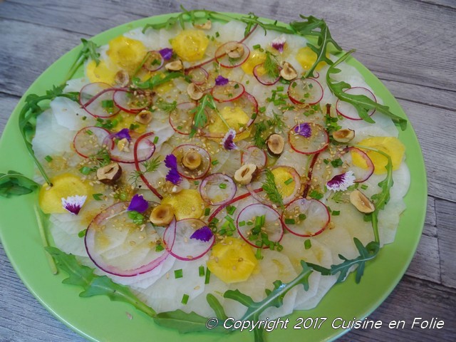 Cuisine en folie: Carpaccio de navet long, carotte jaune et radis ...