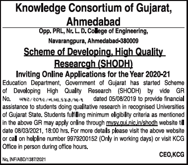 Government of Gujarat SHODH for financial assistance for research