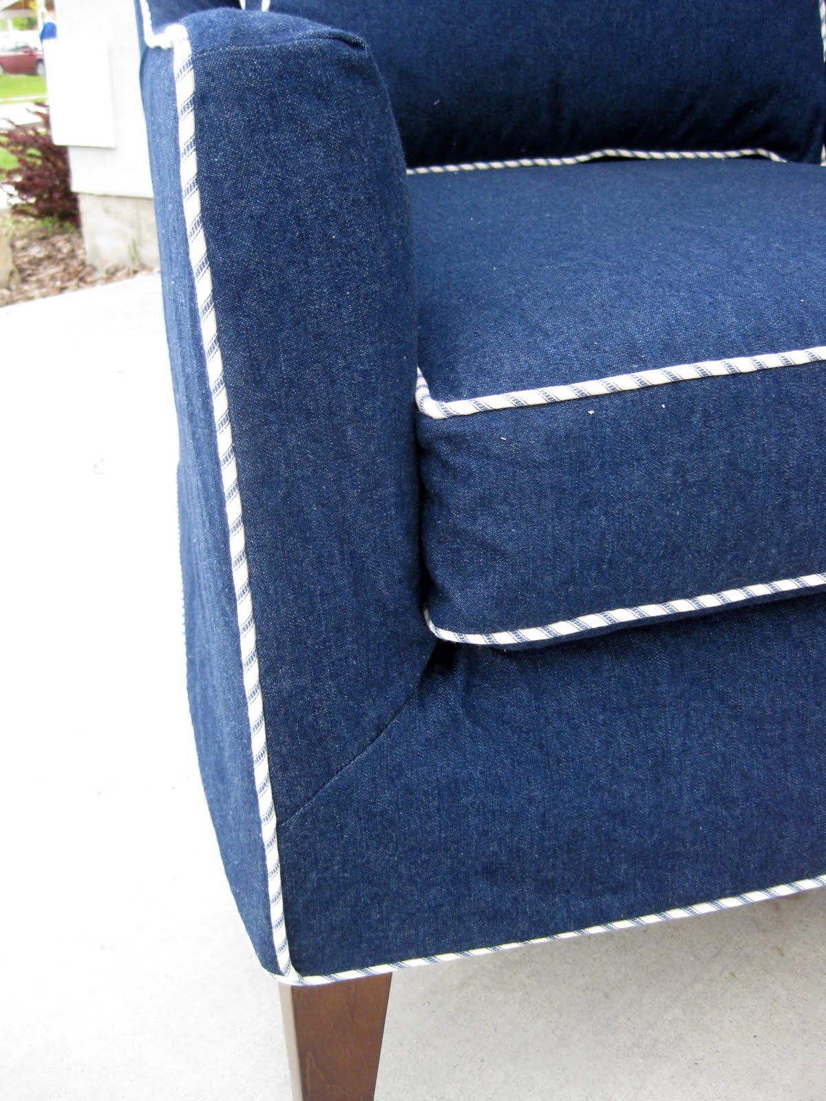Custom Slipcovers by Shelley: Denim chair with ticking stripe piping