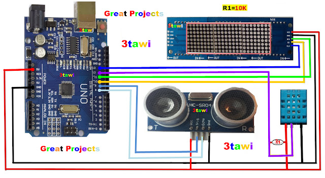 Great Projects Measure Distance Ultrasonicsensor Max7219 Dot Matrix Dht11
