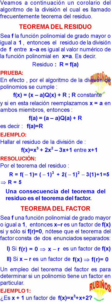 TEOREMA DEL RESIDUO Y DEL FACTOR EJEMPLOS