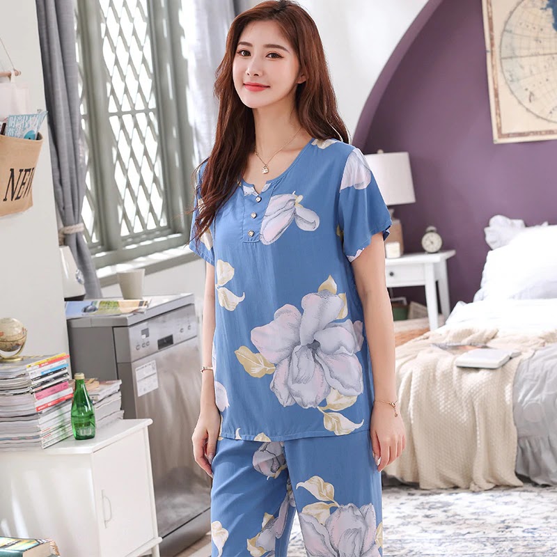 Novelty Blue Chinese Women Cotton Pajamas Set Nightgown Print Floral ...