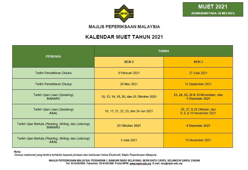 TESL POWER HSBM: LATEST MUET 2021 CALENDAR (Updated 26 May 2021)