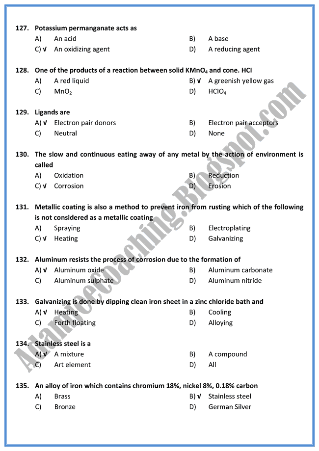 ENTRY TEST MCQ'S AND NOTES FOR XI AND XII: Chemistry Mcqs XII - All ...