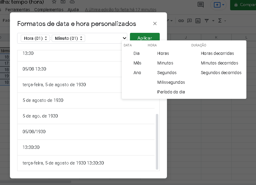 Formatando dados no Google Planilha: tempo (hora)
