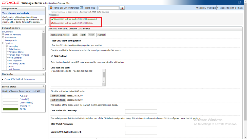 Oracle Weblogic Server 12c RAC Connection
