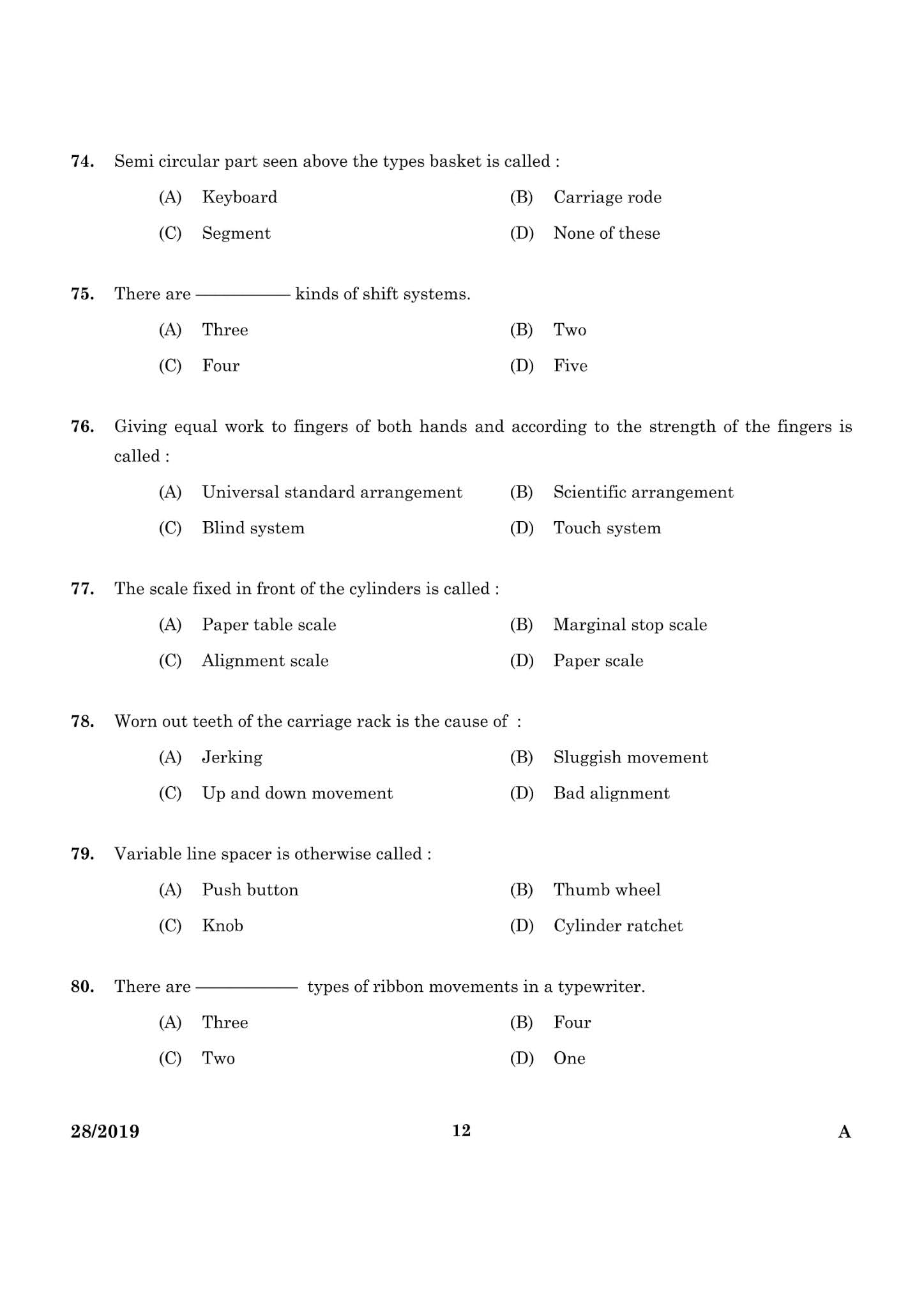 LD Typist 2019 : Question Paper & Kerala PSC Official Final Answer Key