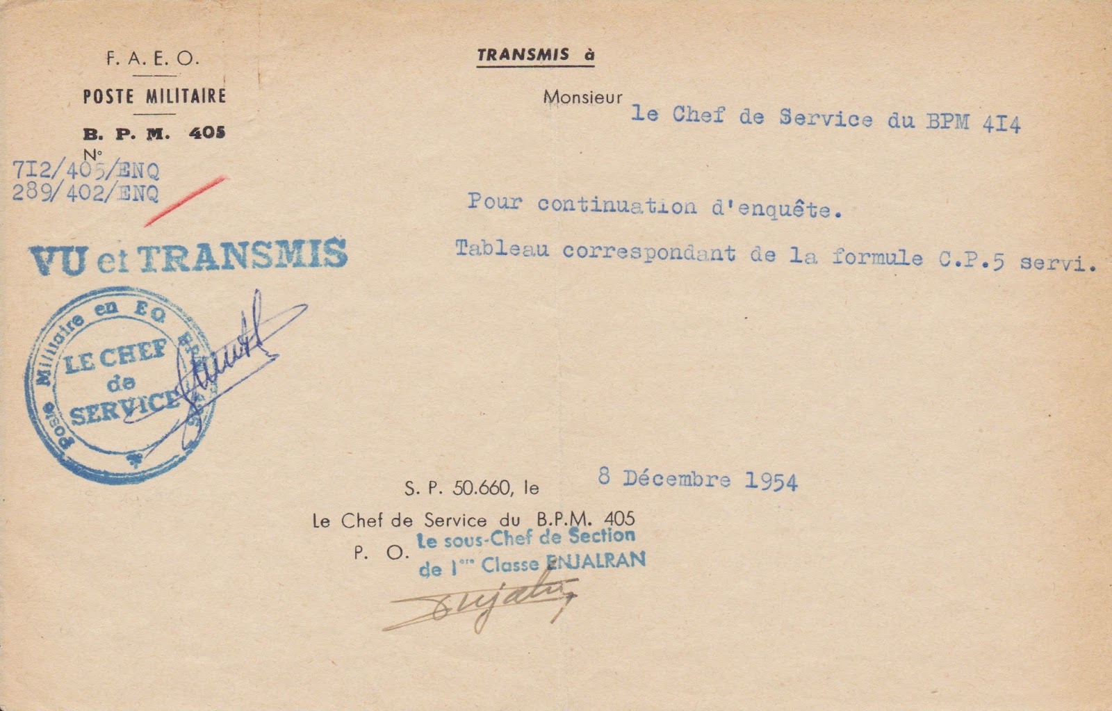 LA POSTE AUX ARMEES: Un soit-transmis du bureau postal militaire 405