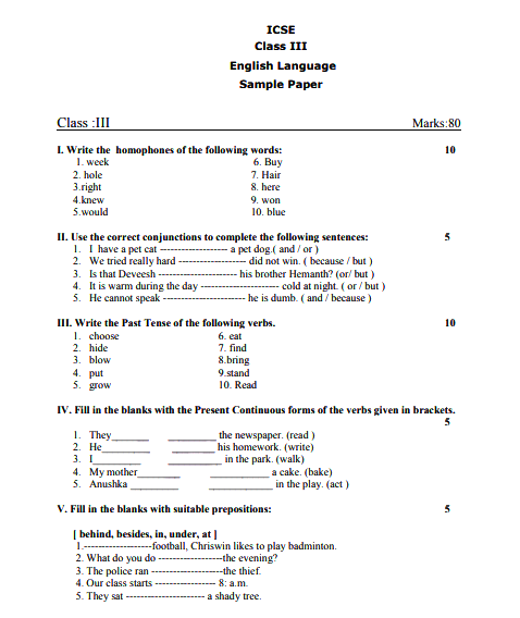 ICSE ENGLISH LANGUAGE CLASS 3 TEST PAPERS - NewtronLearner