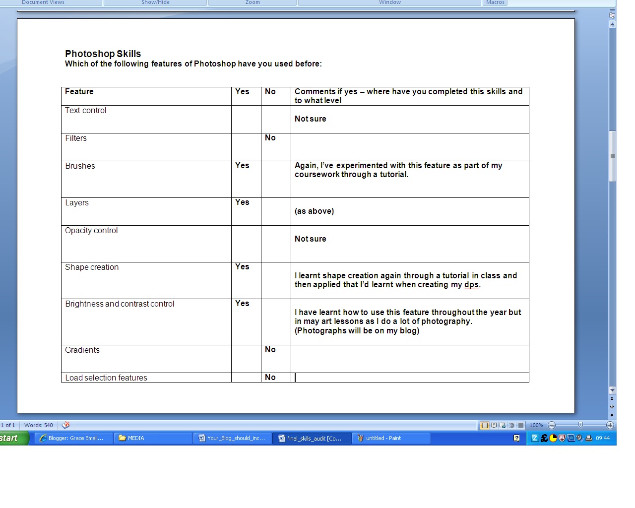 Grace Smallman: Final skills audit