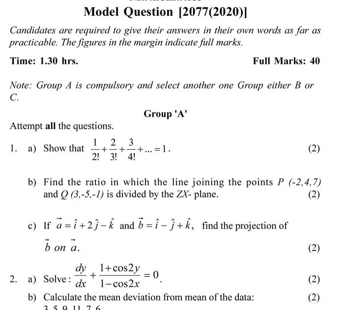 NEB Grade 12 Mathematics Model Questions