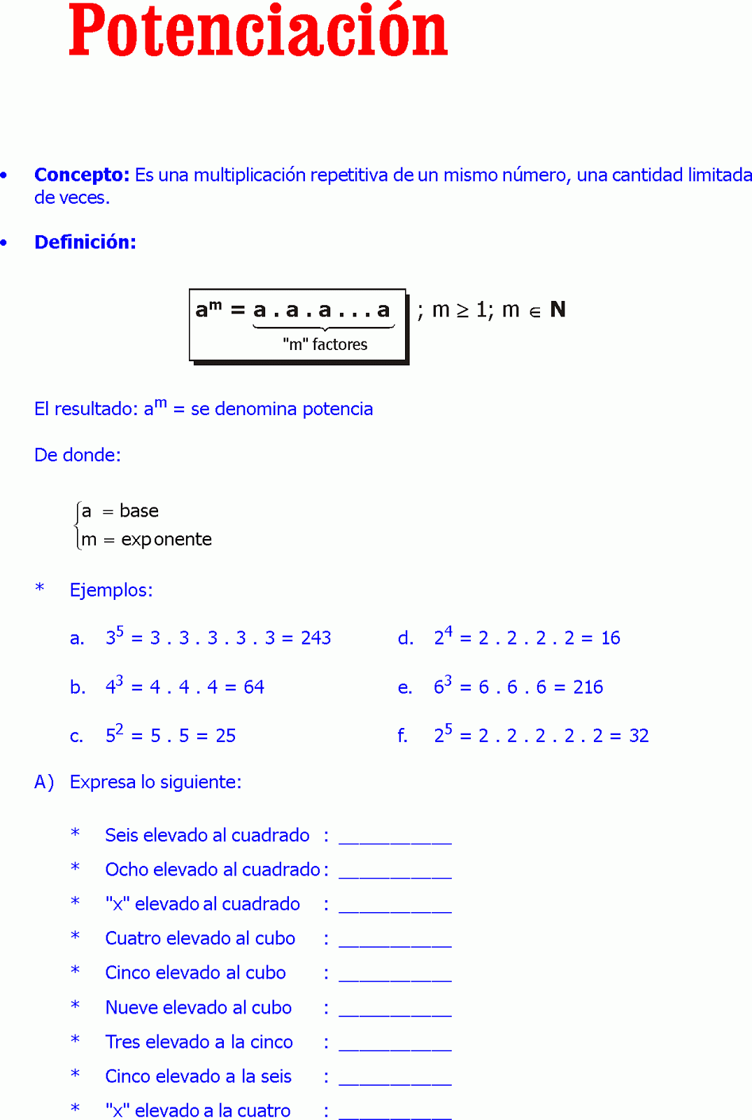 POTENCIACIÓN Y EXPONENTES EJEMPLOS Y EJERCICIOS RESUELTOS DE PRIMARIA O ...
