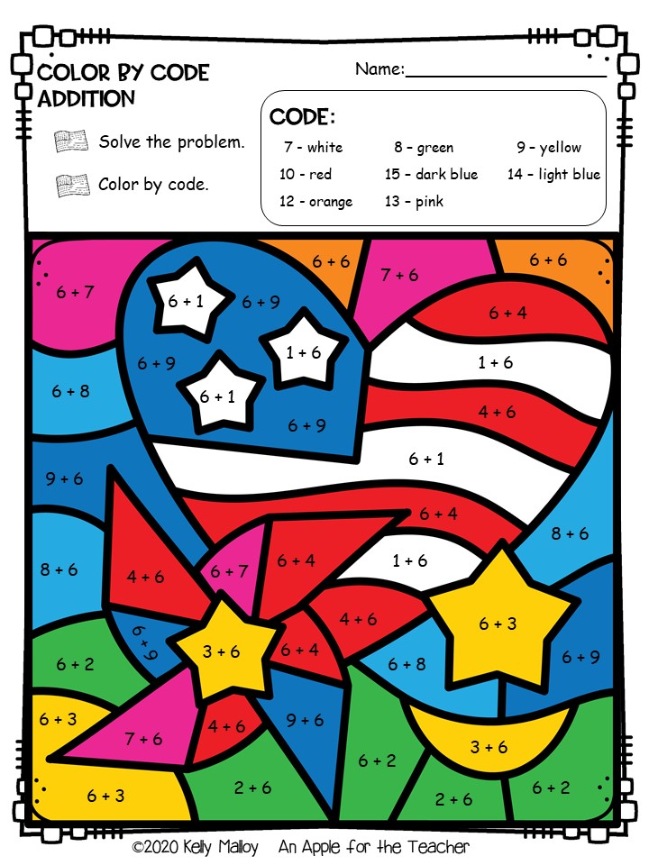 An Apple For The Teacher: 4th of July Color By Number