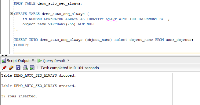 Create table with Auto sequence in Oracle 12c
