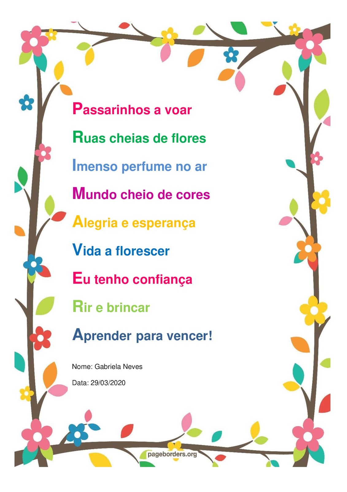 Aventuras de Palmo e Meio: Acróstico sobre a primavera - 2º ano
