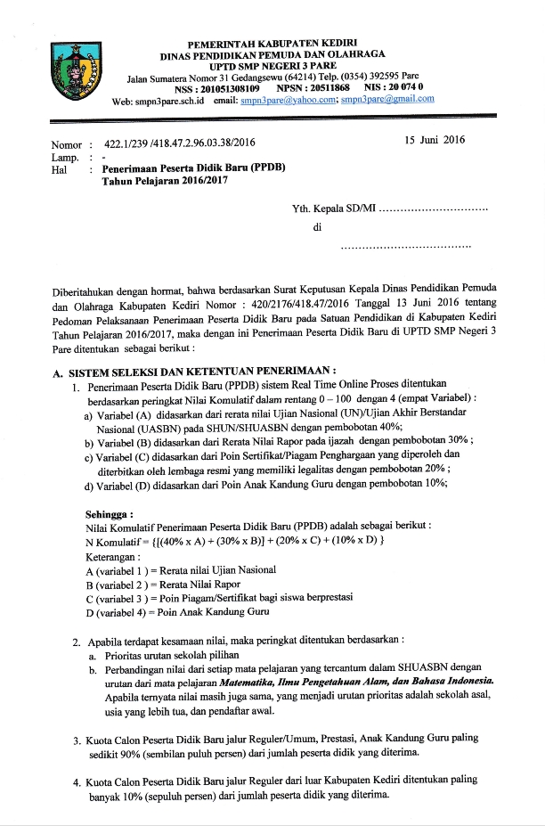 UPTD SMP Negeri 3 Pare Kabupaten Kediri: 2016