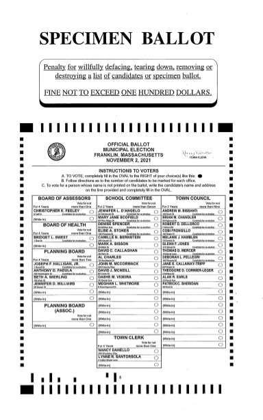 Franklin Matters: Specimen Ballot for Franklin (MA) Election Nov 2, 2021