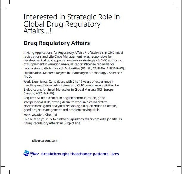 Hiring Regulatory Affairs Professionals @ Pfizer - JOB ALERTS HUB Hiring Regulatory Affairs Professionals @ Pfizer - JOB ALERTS HUB