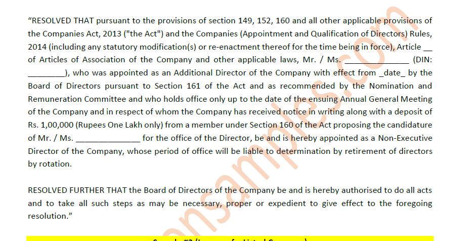 AGM Resolution Format for Regularisation of Additional Director