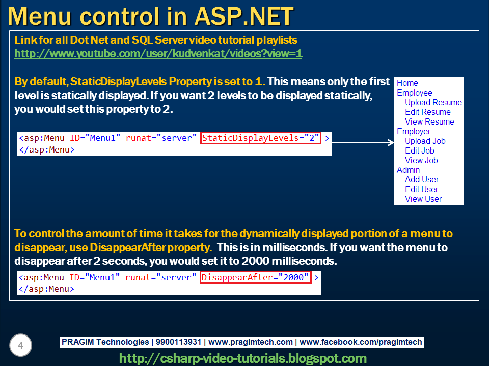 Sql server, .net and c# video tutorial: Menu control in asp.net
