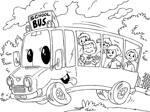 Niños en bus escolar para colorear y pintar - Dibujo Views