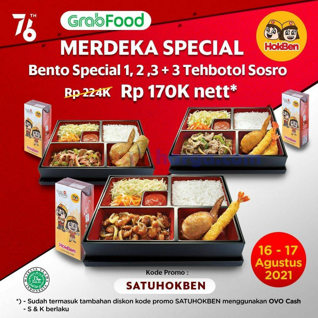 Promo HokBen Merdeka - Beli Bento Special 1,2,3 + 3 Tehbotol Sosro cuma ...