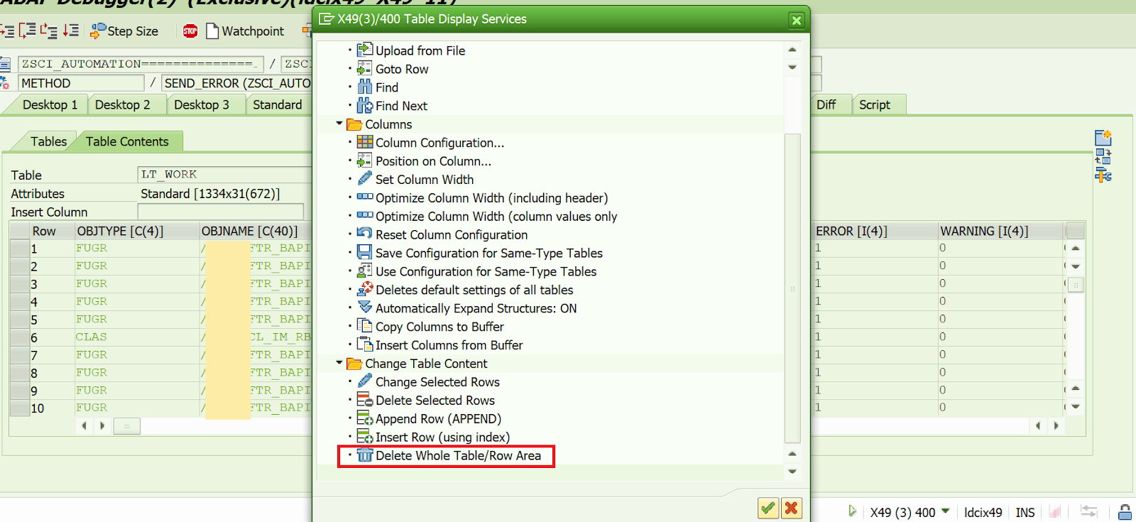Sap Abap Central Delete Internal Table Contents While In Debugging Mode Using New Debugger Tools