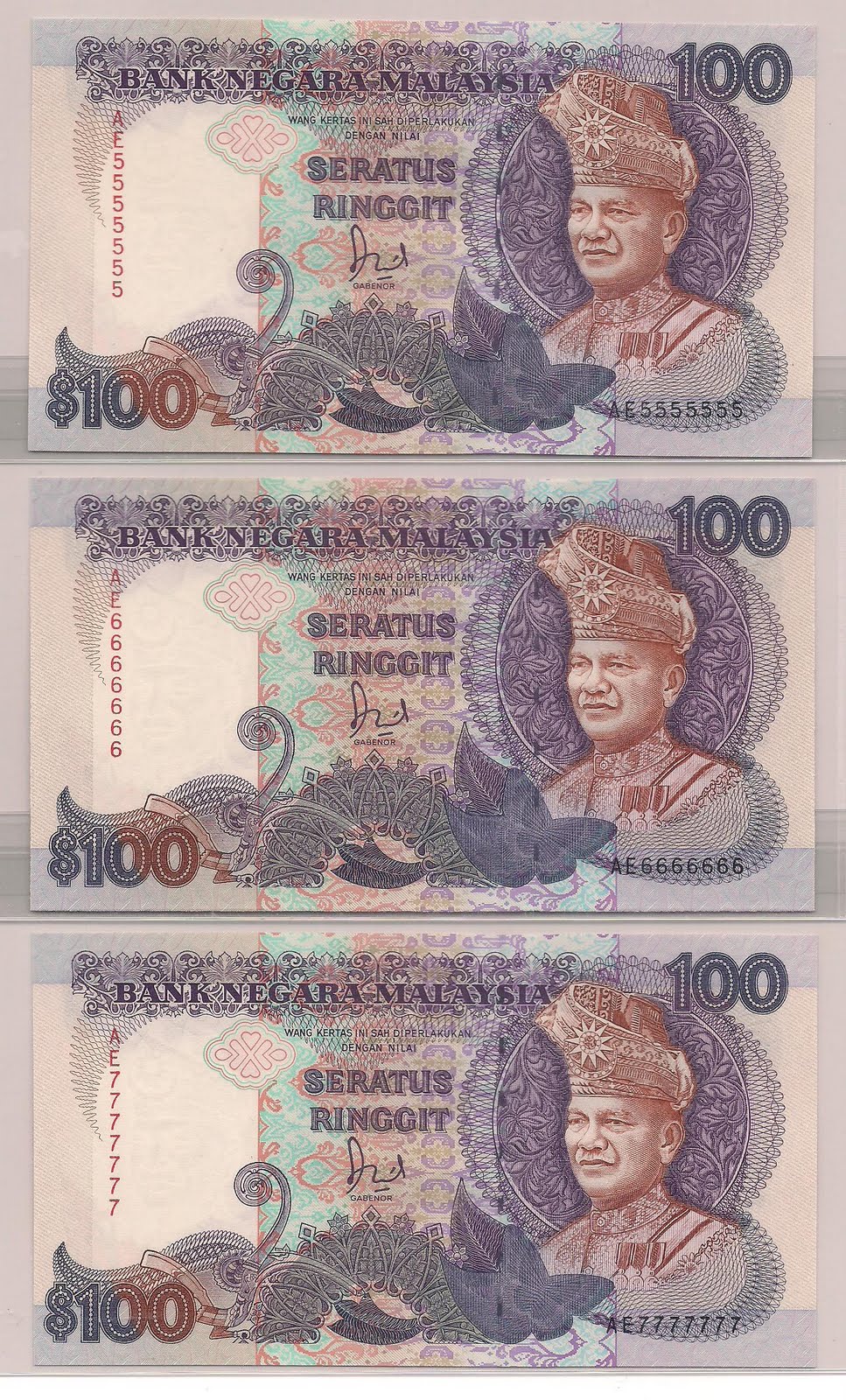 Malaysia Banknote & Coin: 6th Series RM100 Solid 5, 6 & 7 UNC