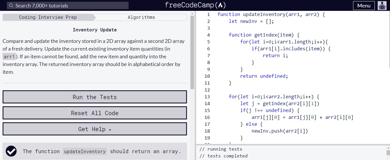 Coding Interview Prep: Algorithms - Inventory Update (freeCodeCamp)