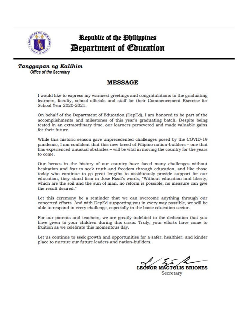 OFFICIAL STATEMENT | SECRETARY’S MESSAGE ON THE GRADUATION AND MOVING ...