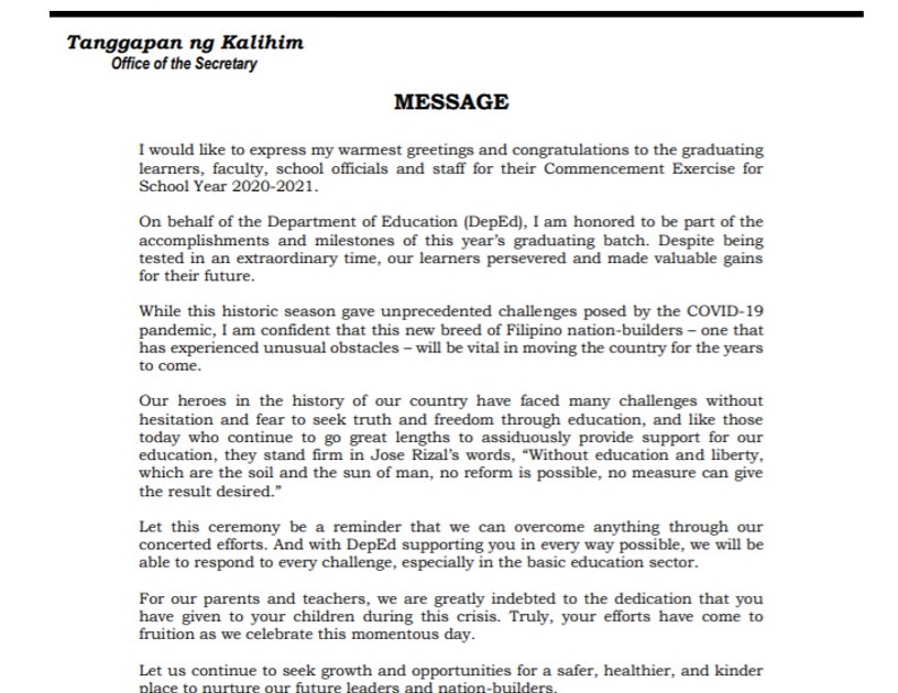 OFFICIAL STATEMENT | SECRETARY’S MESSAGE ON THE GRADUATION AND MOVING ...