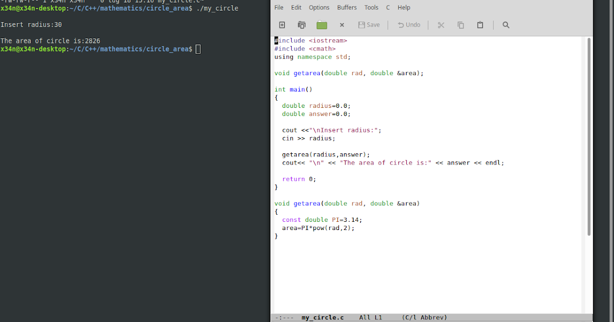 C++ Language and math application for compute circle area.