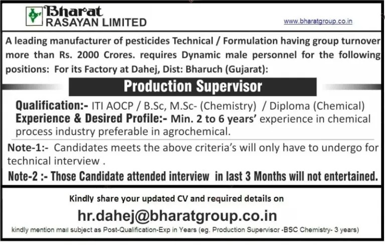 Bharat Rasayan Limited - Urgent Openings for ITI / Diploma (Chemical ...