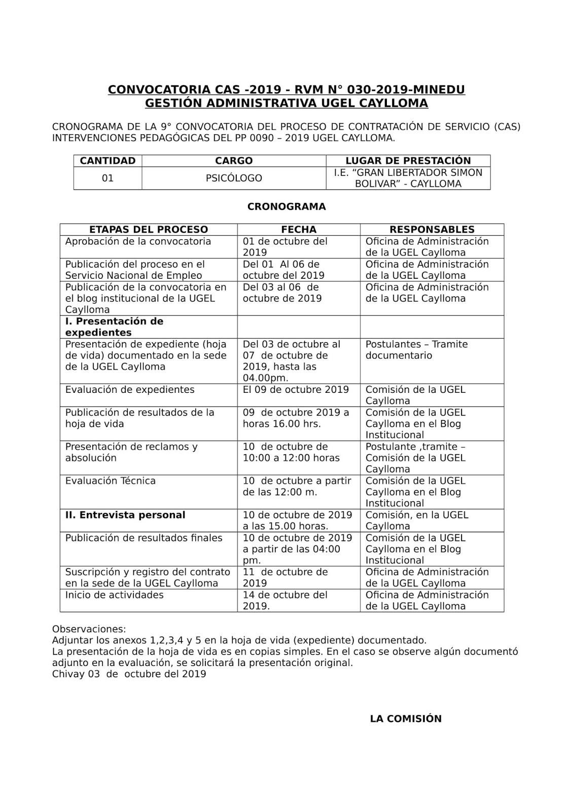 CONVOCATORIA CAS-2019: PSICOLOGO ~ UGEL CAYLLOMA CONVOCATORIA CAS-2019: PSICOLOGO ~ UGEL CAYLLOMA