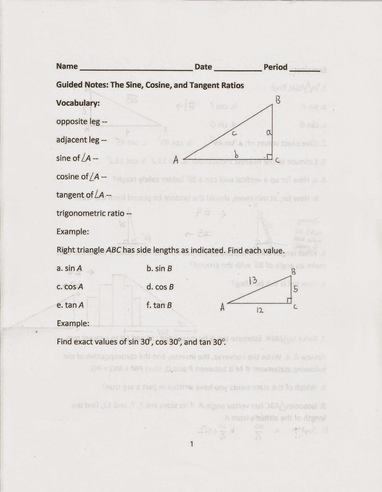 Geometry, Common Core Style: Lessons 14-3 and 14-4: The Sine, Cosine ...