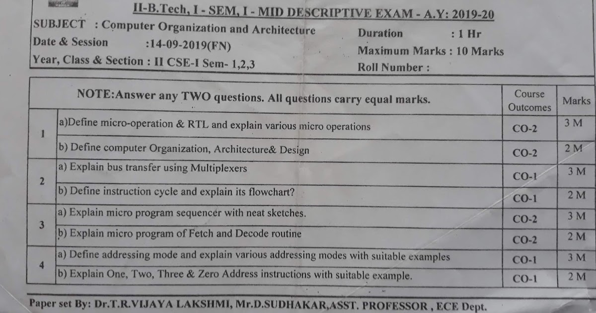 Jntuh Cse R18 2nd Year 1st Semester Computer Organization And Architecture Question Paper