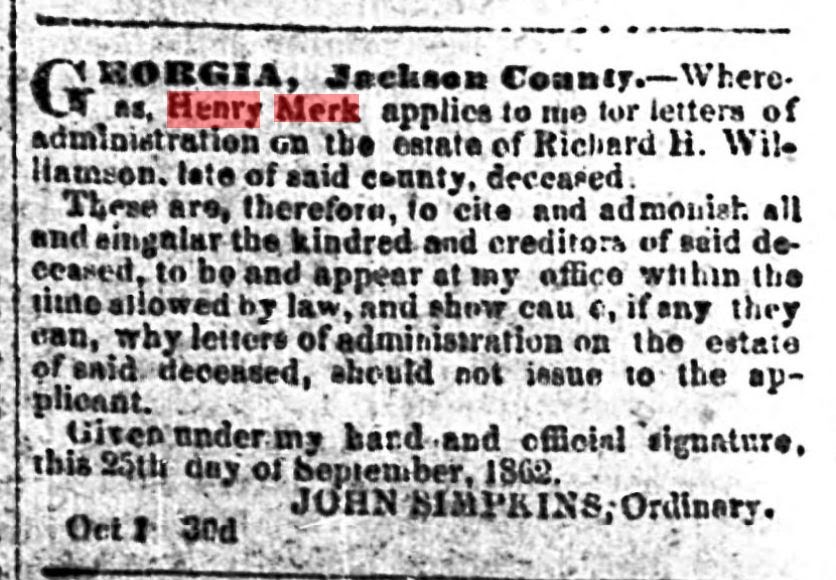 Henry and George Merck of Jackson County, GA | Hollis Family