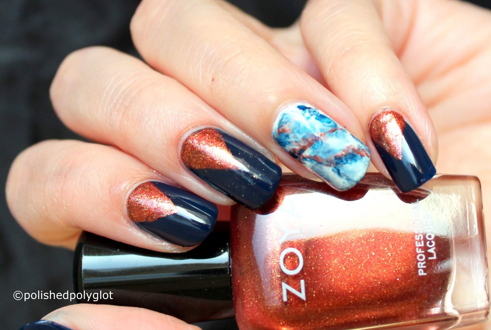 Nail Art │ Dark blue, Copper & White Nail Design [When Colors Collide ...