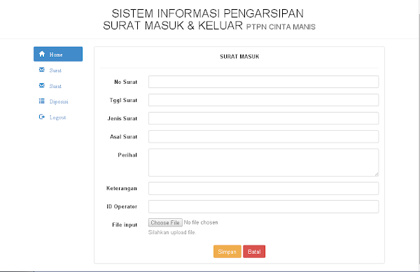 SISTEM INFORMASI PENGARSIPAN SURAT MASUK & KELUAR PTPN CINTA MANIS - Coding Disini
