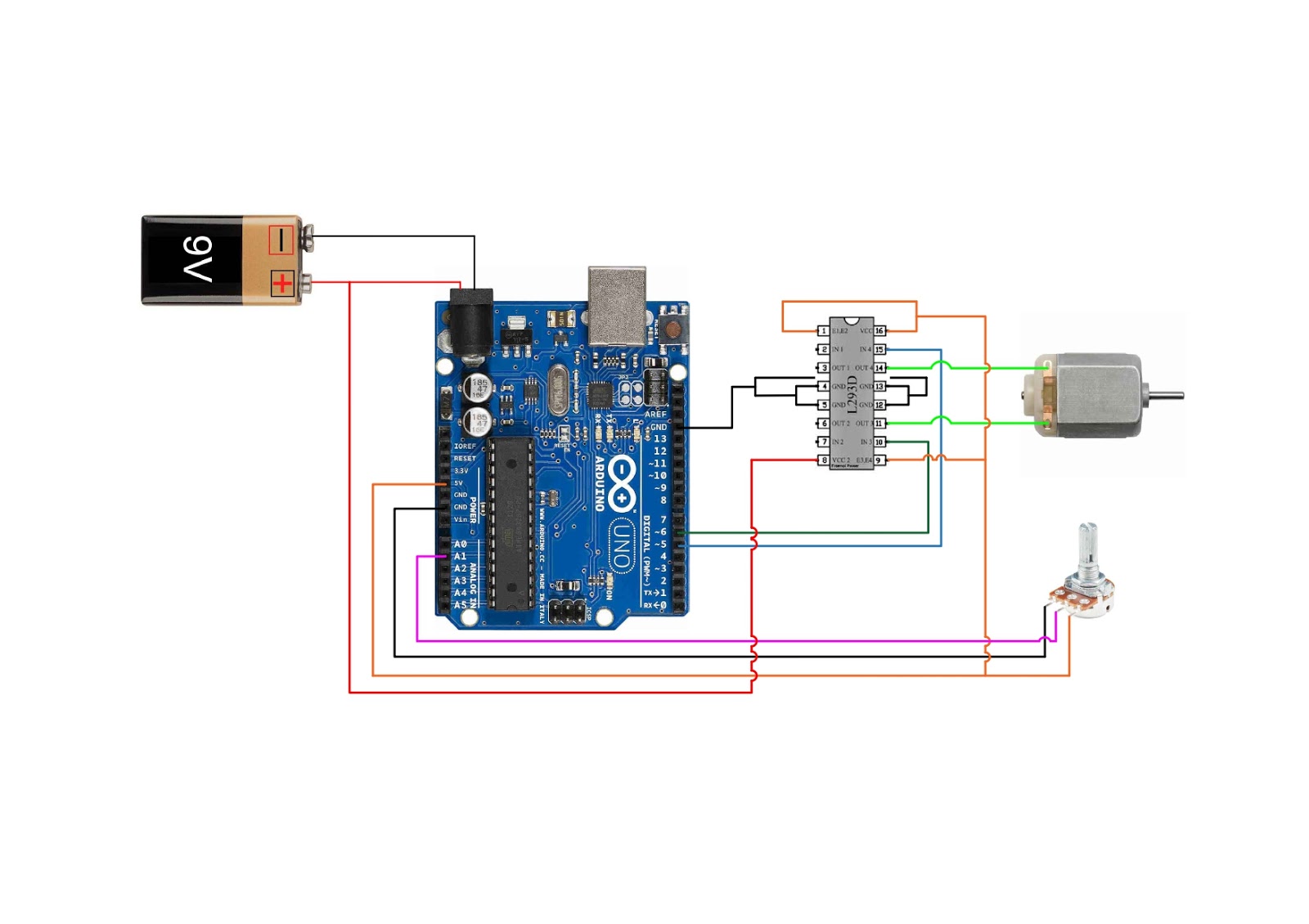 DC motor controlled by potentiometer using Arduino - Wired Connection