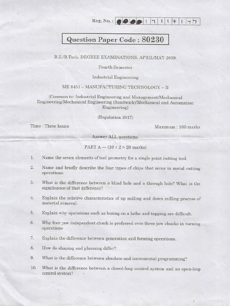 Anna University ME 8451 - MANUPACTURING TECHNOLOGY - II APRILIMAY 2019 ...